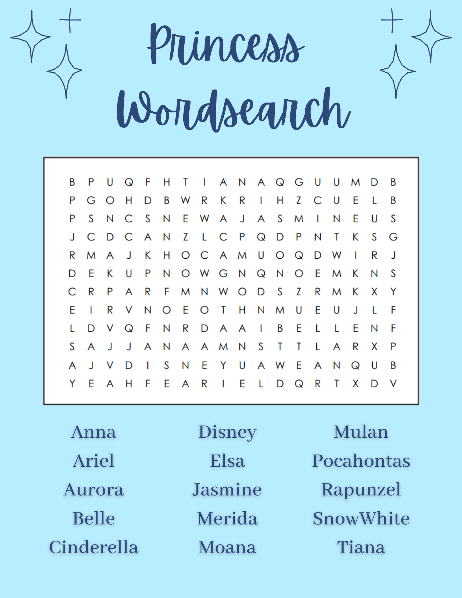 Printable Princess Word Search, Two Color Options, Princess Party Games ...