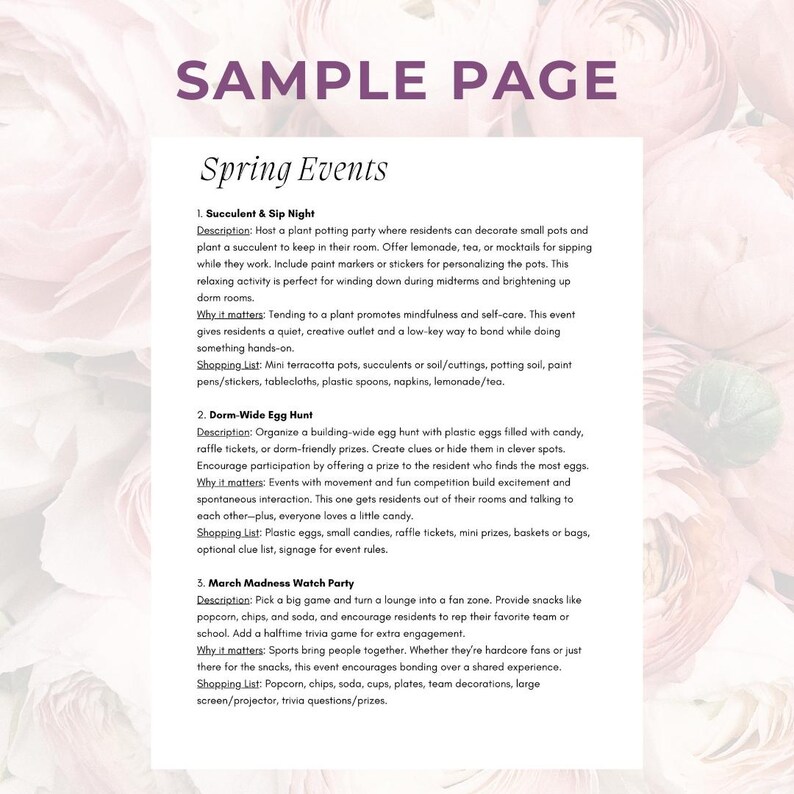 Spring RA Event Planner: 15 Dorm Activity Ideas (PDF) - Etsy