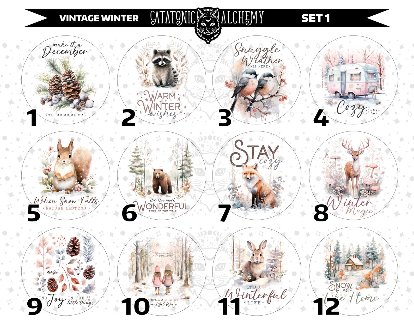 Vintage Winter Cardstock Rounds, Animal Cardstock Rounds, Snowy Holiday ...