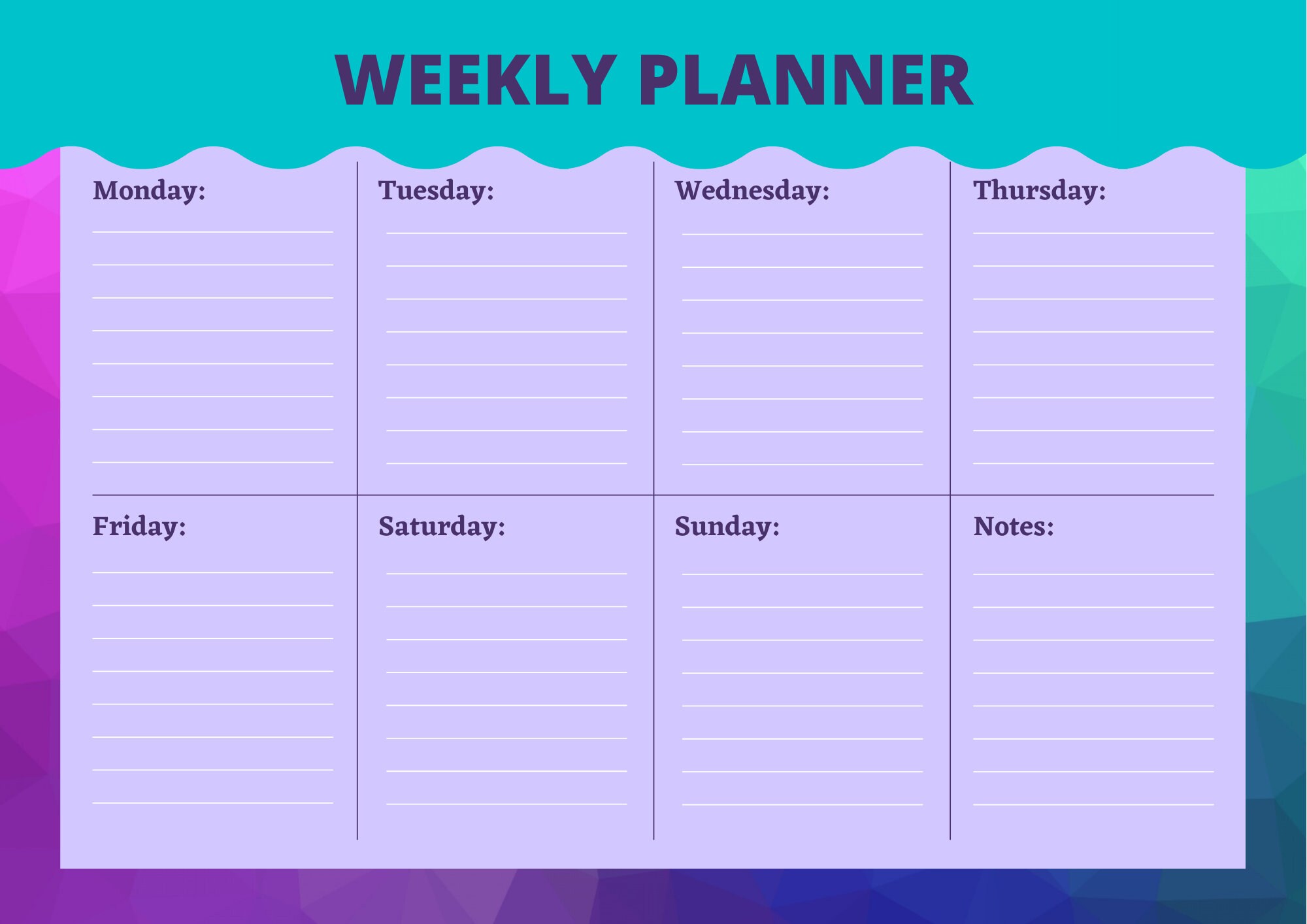 Weekly Planner Colourful Planner Digital Download Weekly | Etsy