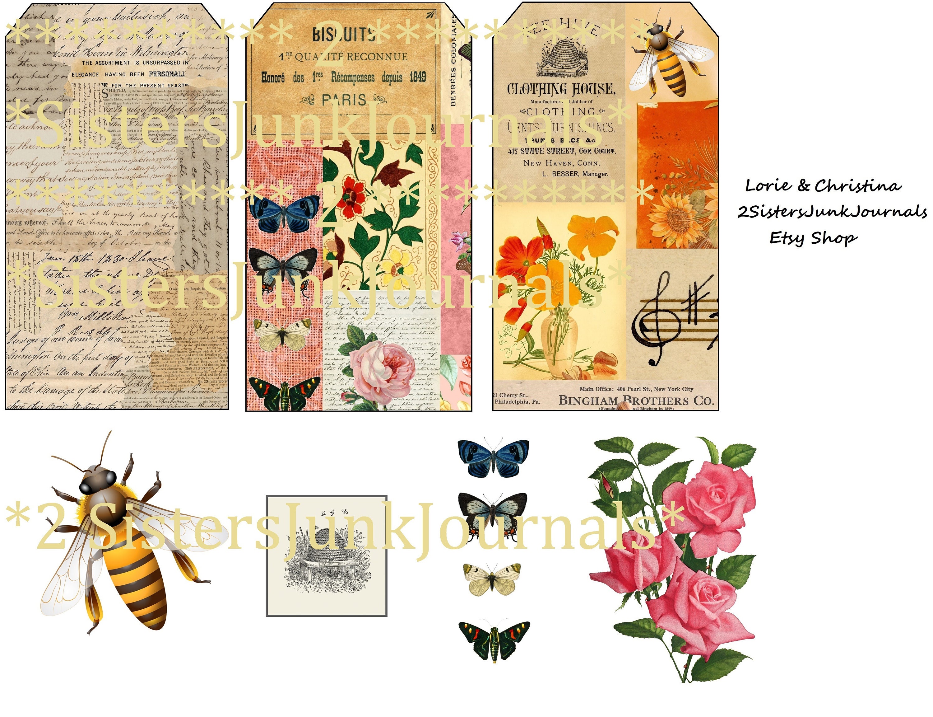 5 Pages This and That Collage Digital, Printable, Bee, Butterfly ...
