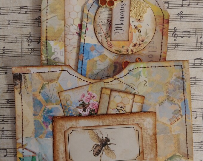 5 Piece Bee Theme Pocket and Tag Set, Bee Journal, Blue Bee, Bee Junk Journal, Bee Ephemera ...