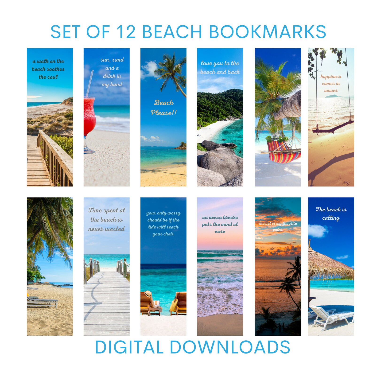 Set of 12 Beach Bookmarks Beach Bookmarks Digital Bookmarks - Etsy France