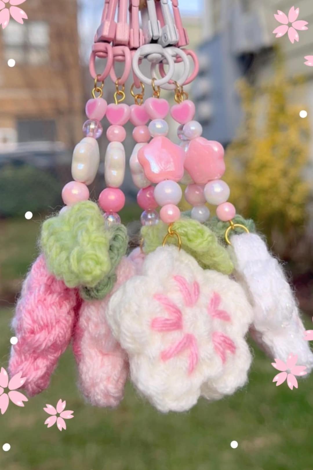 CROCHET CHERRY BLOSSOM Keychain Pink/white With Leaf, Yarn - Etsy