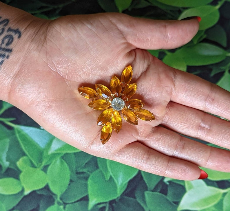 Vintage Topaz Glass Rhinestone Brooch - Marquis Cut Faceted Golden Pin ...