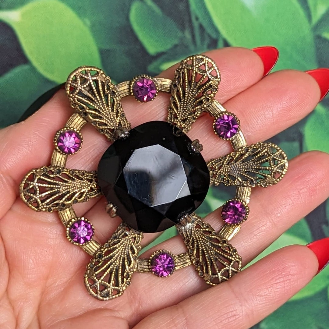 Vintage 1960s Capri Brooch Pendant - Signed Glass Filigree Gold Star ...