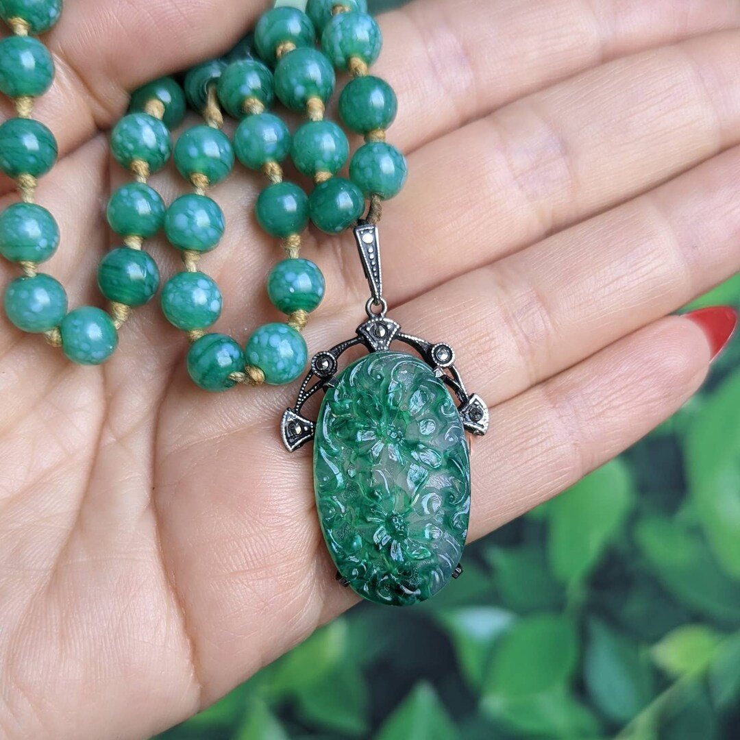 Antique Art Deco Necklace 1920s Green Peking Glass & - Etsy
