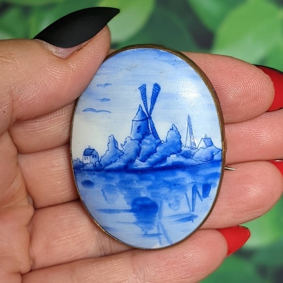 Antique Delft Windmill Porcelain Brooch - Gem