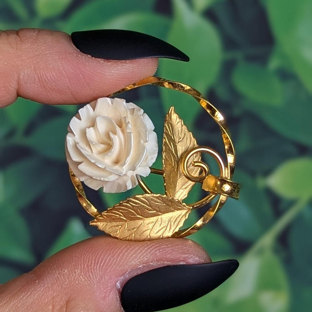 Vintage Carved Bone Rose 12k Gold Filled Circle Brooch Signed 1970s ...
