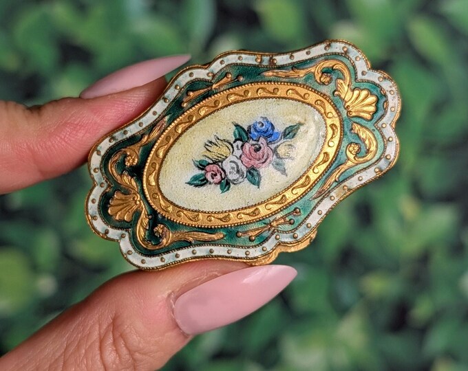 Vintage 1940s Enamel Pill Box Cloisonné Gold Flower Tiny Trinket ...