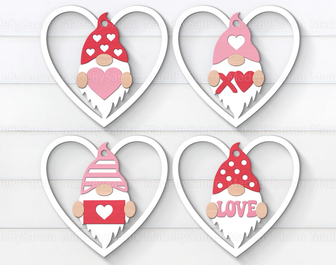 Hearts With Gnome Ornament SVG, Valentines Glowforge, Valentines Gnome ...