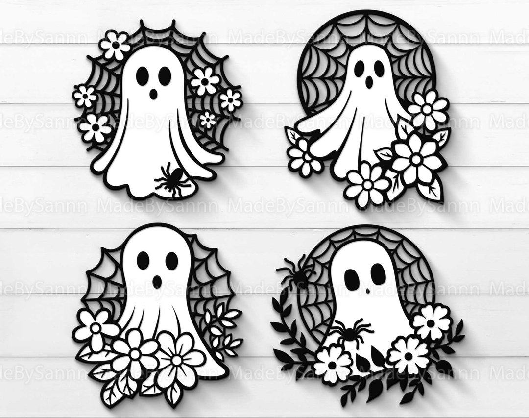 Halloween Ghosts Door Hanger Svg Bundle, Ghosts With Flowers Svg ...