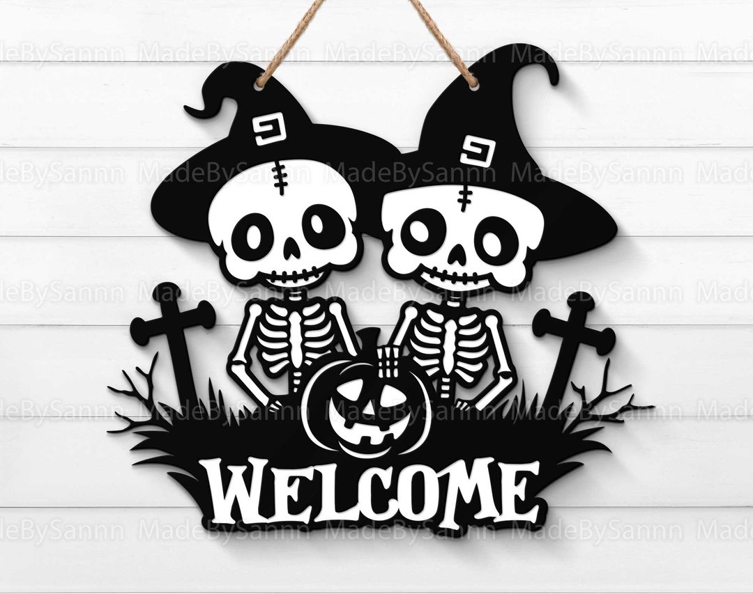 Cute Skeletons Welcome Sign Svg, Halloween Door Hanger, Halloween ...