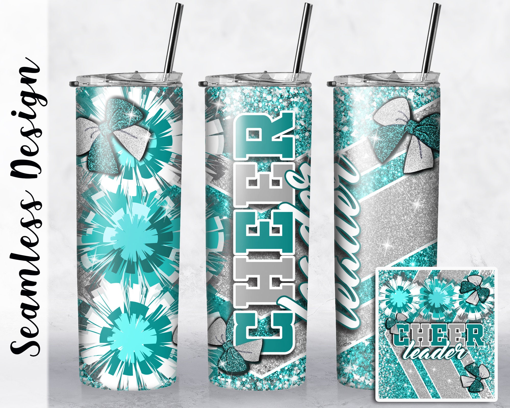 Teal Blue Cheer Tumbler Cheerleader Wrap 20 Oz Skinny Tumbler ...