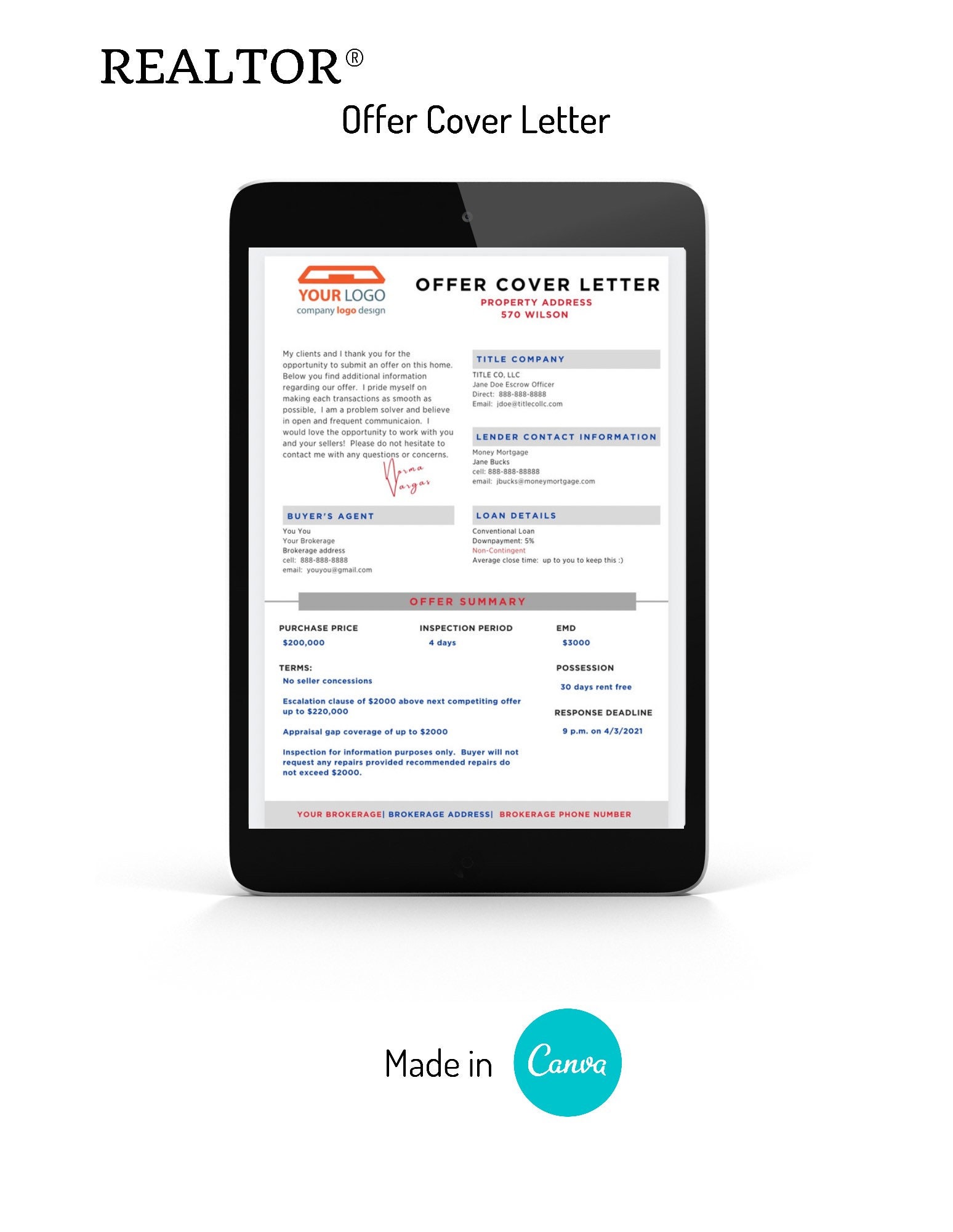 Offer Cover Letter Template for Real Estate Agents Digital - Etsy