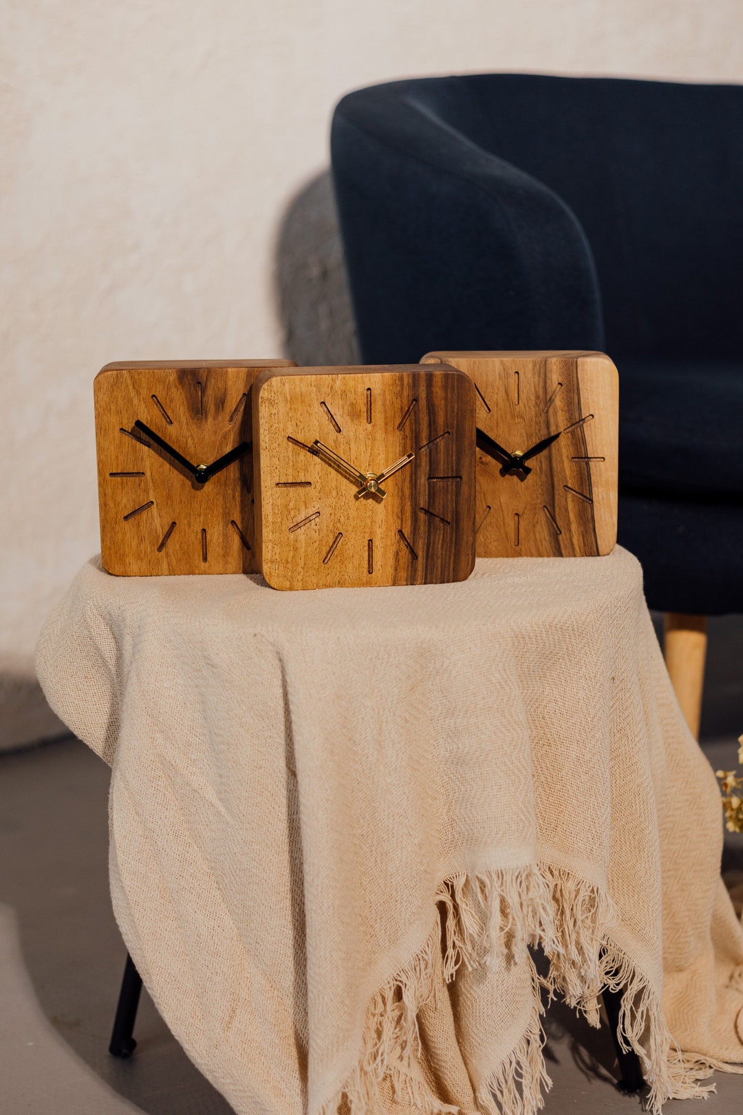 Walnut Unique Table Clock, Rustic Minimalist Home Decor, Small Desk ...