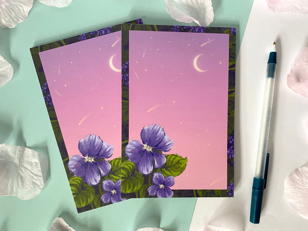 4x6" Notepad - Violets and Pink Purple Sunset, Moon, & Stars - 25 Pages ...
