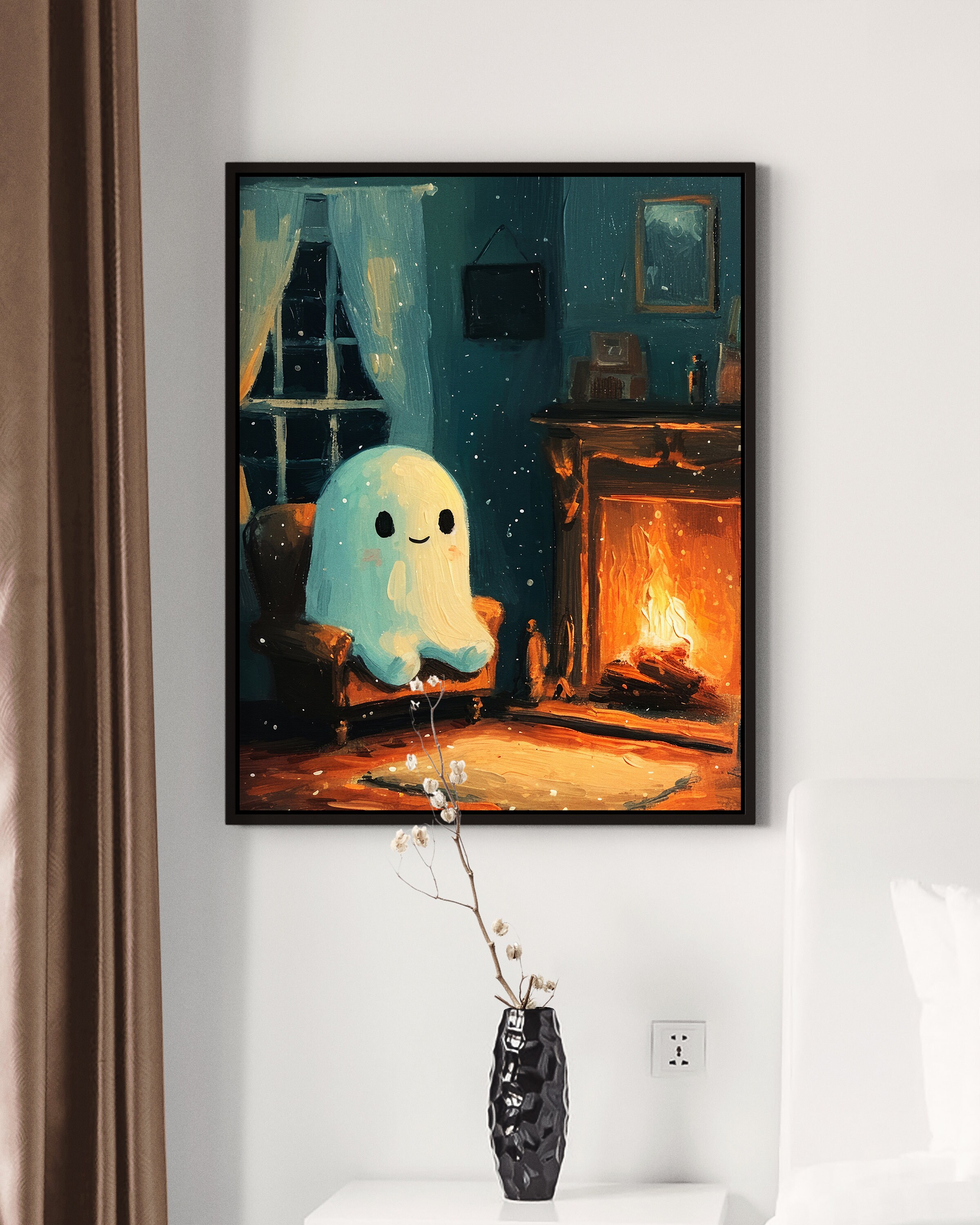 Unframed Printed Art Cute Ghost Next to the Fire Ghost Art Winter ...