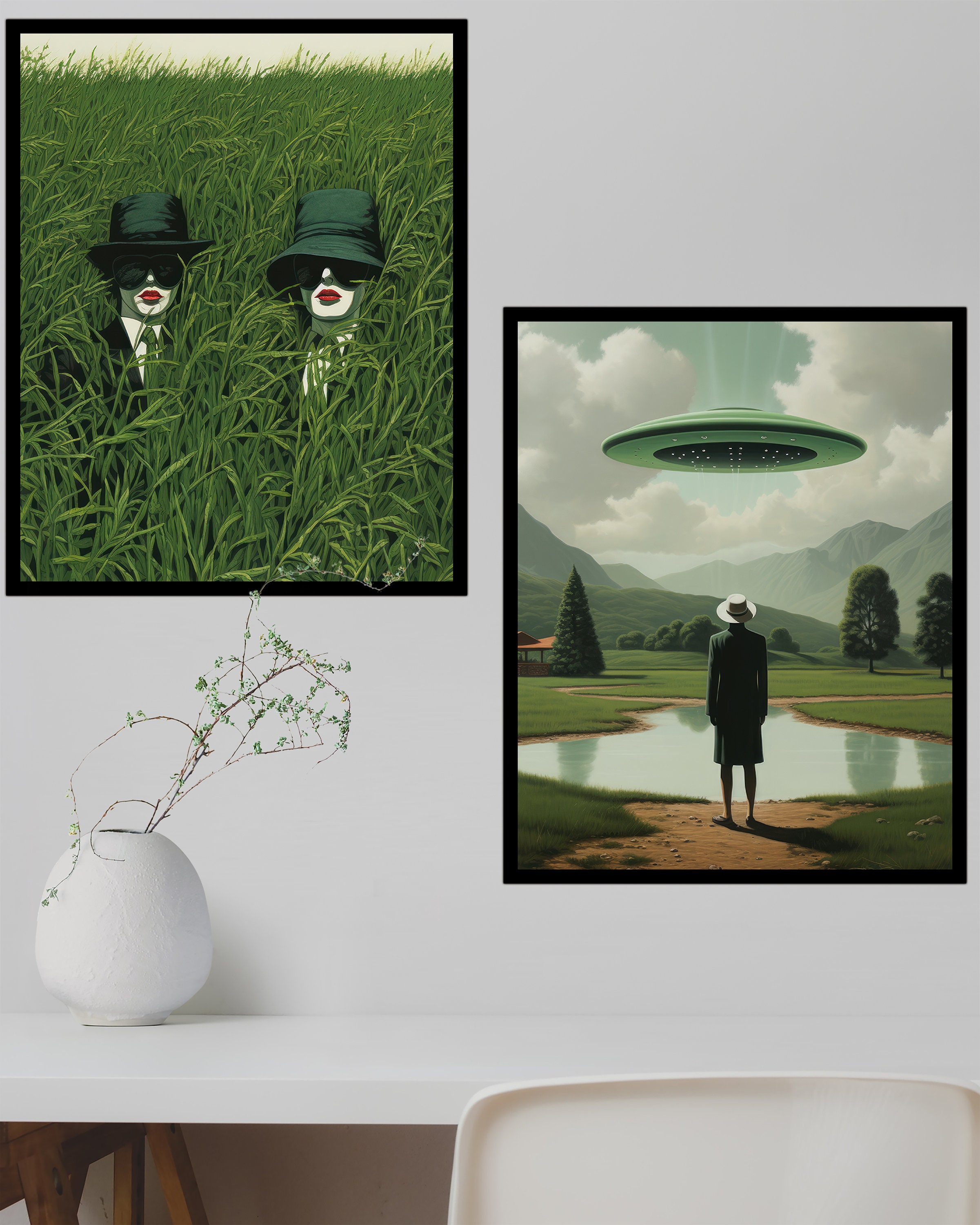 Unframed Printed Art Surreal Suits Inspired by Rene Magritte Tall Green ...