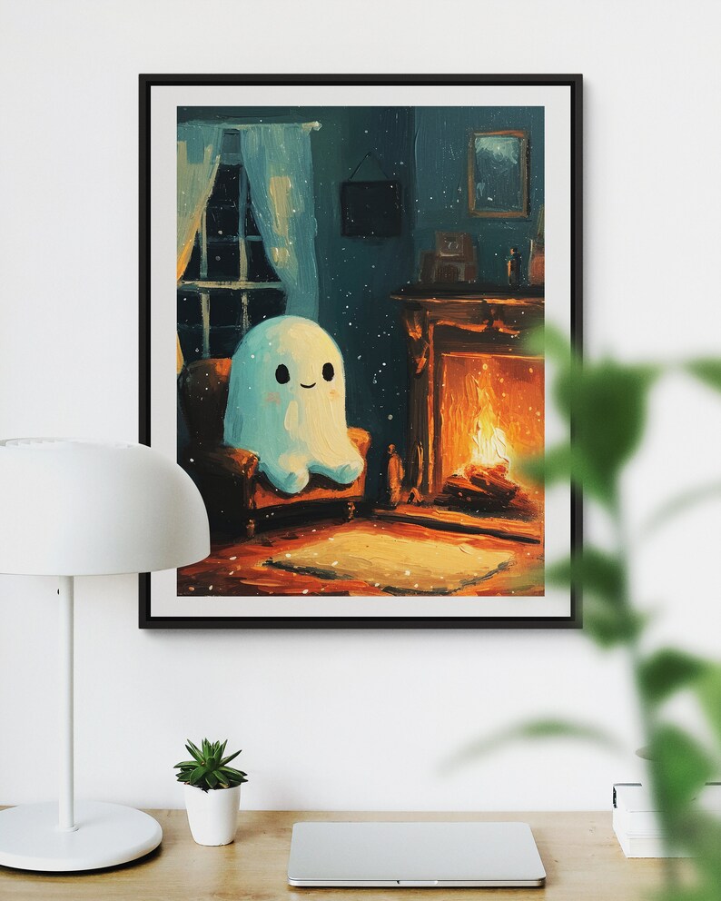 Unframed Printed Art Cute Ghost Next to the Fire Ghost Art Winter ...