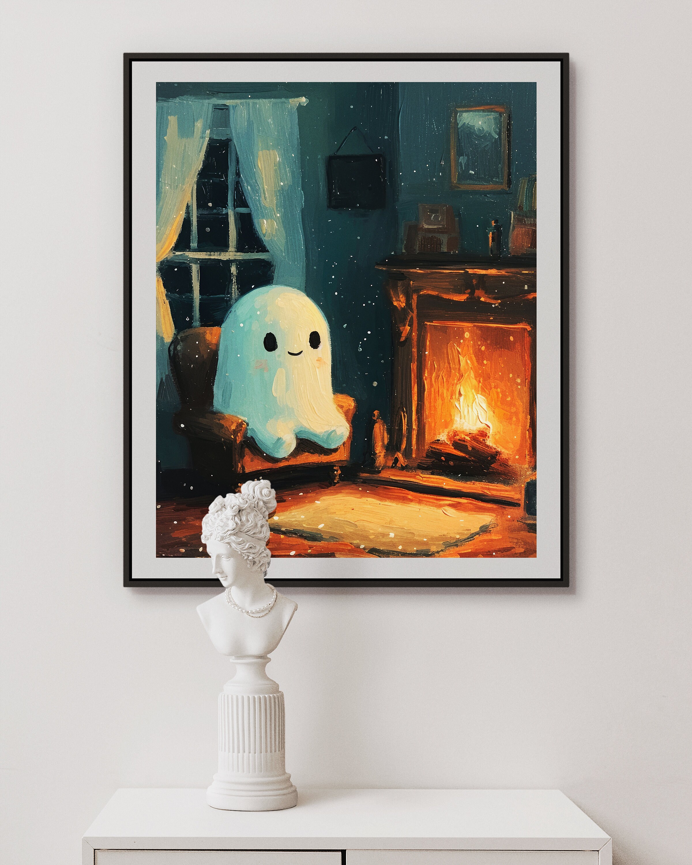 Unframed Printed Art Cute Ghost Next to the Fire Ghost Art Winter ...