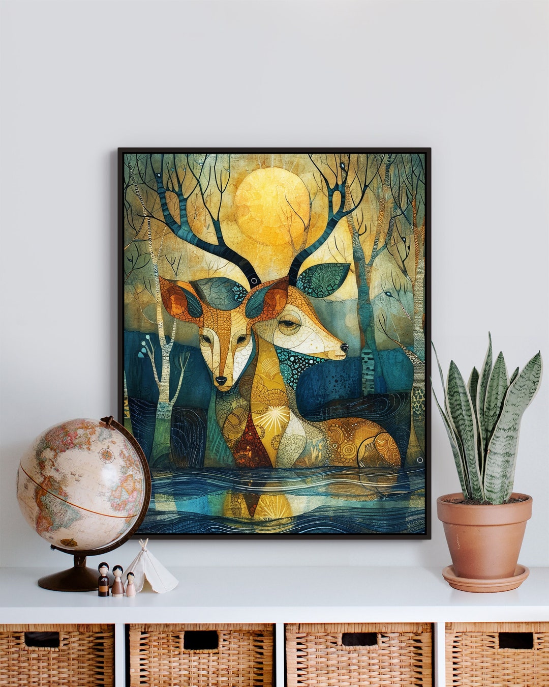 Unframed Printed Art Deer Print Deer Couple Art Illustration Blue and ...