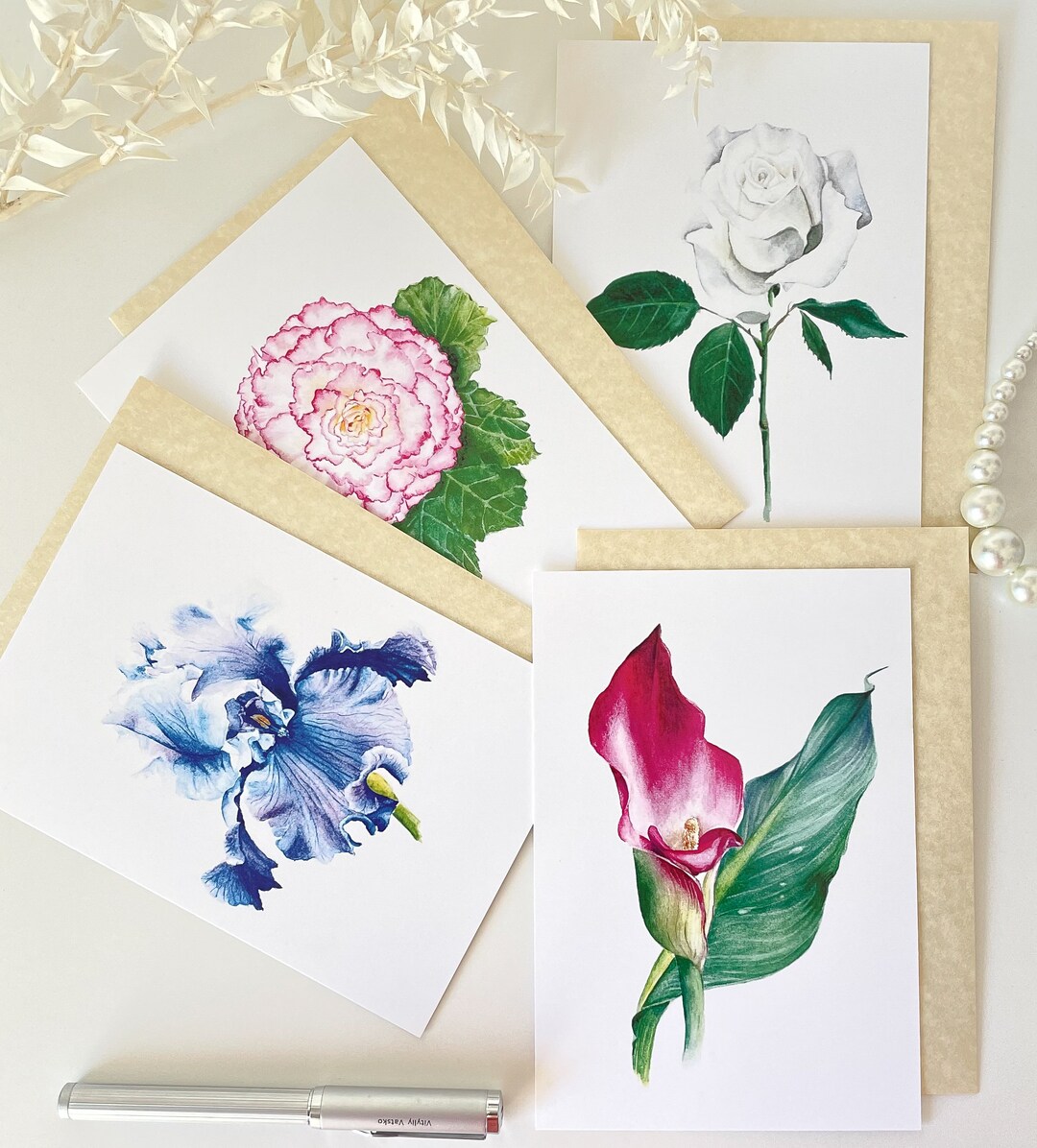 Botanical Cards Set, Rose, Iris, Begonia, Calla Lily, Botanical Cards ...