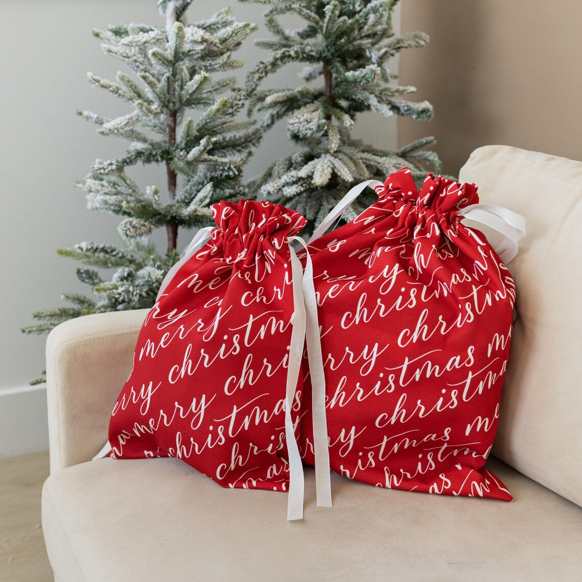 Christmas Fabric Gift Bag, Reusable Canvas Drawstring, Farmhouse ...