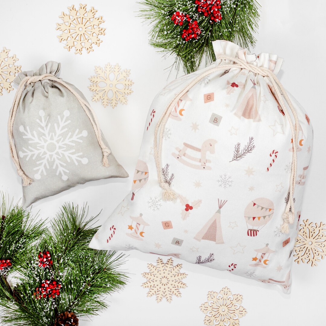 Boho Christmas Fabric Gift Bag, Reusable Drawstring, Xmas, Holiday, Toy ...