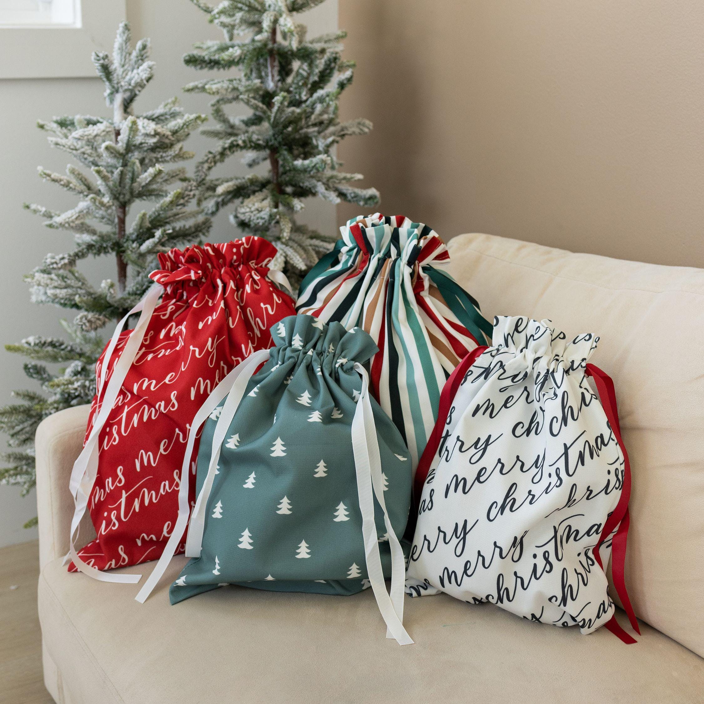 Christmas Fabric Gift Bag, Reusable Canvas Drawstring, Farmhouse ...