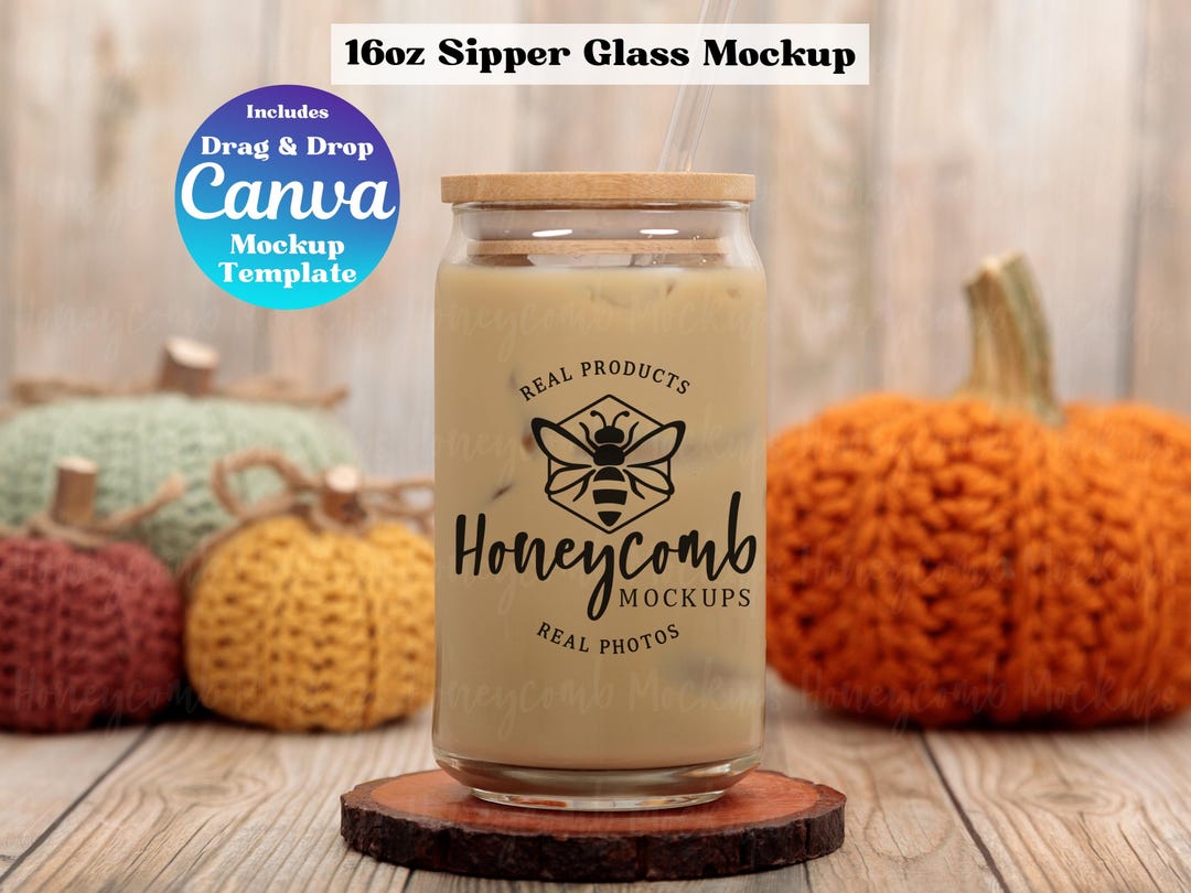 16oz Sipper Glass Mockup, 16oz Glass Can Mockup for Canva, Printify ...