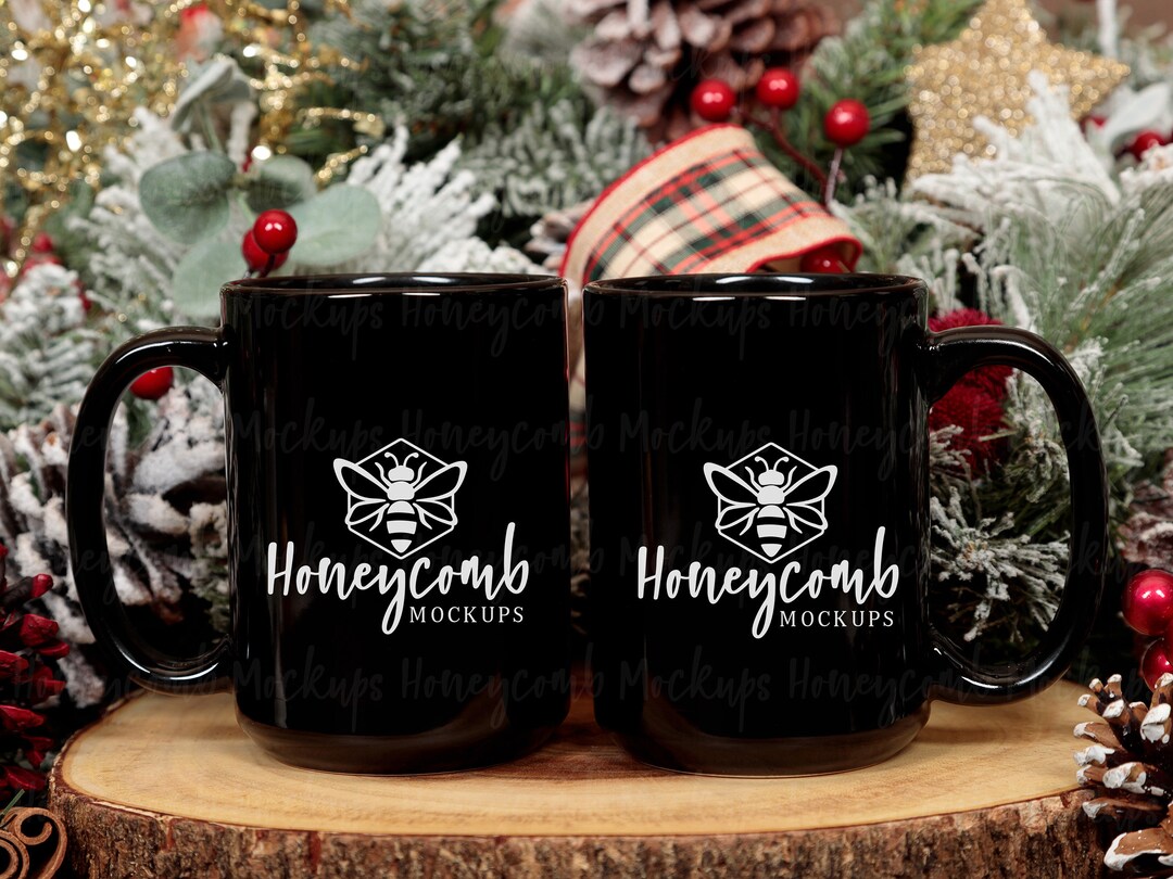Two 15oz Black Mugs Mockup, Christmas Black Mug Mockup, Two Mugs Mockup ...