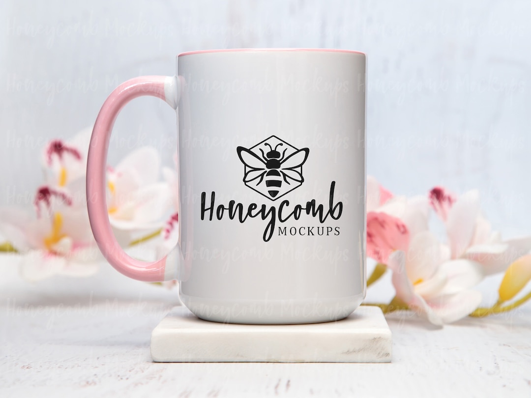 15oz Pink Accent Mug Mockup, Mug Mockup With Flowers, Pink Handle Mug ...