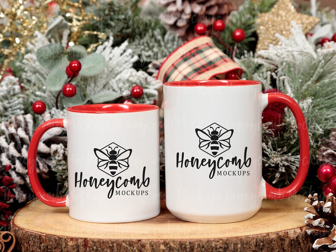 11oz and 15oz Red Accent Mug Mockup, Christmas Accent Mug Mockup, Red ...