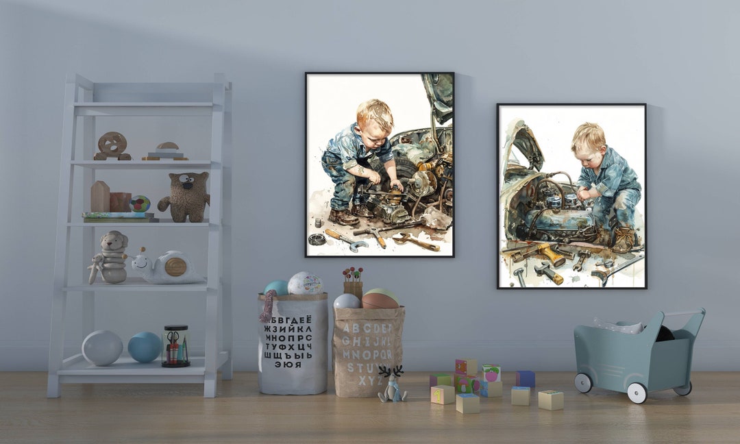 Cute Boy Car Mechanic Wall Art Prints, Nursery Decor, Baby Boy Gift ...