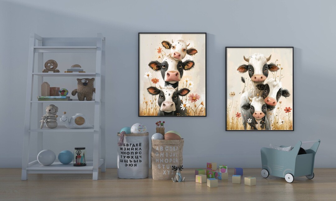 Cows Wall Art Prints - Farm Animal Nursery Decor - Cartoon Cow Artwork ...