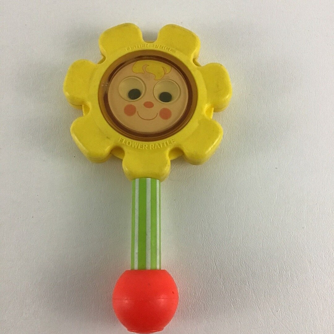 Fisher Price Vintage Baby Toy Rattle Happy Face Eye Roll Sunflower ...