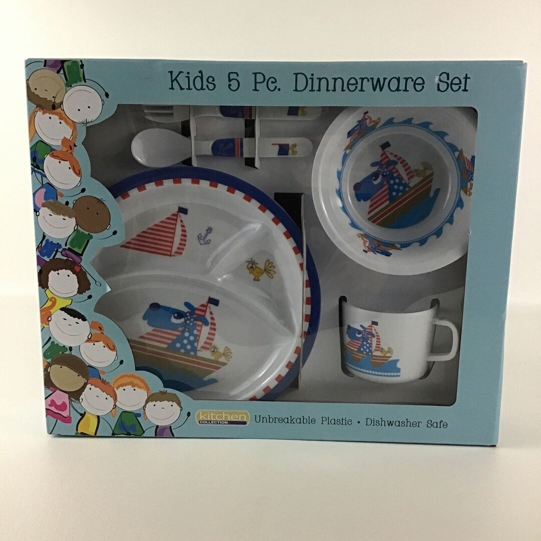 Children Kids 5 Piece Dinnerware Set Patriotic Sailboat Puppy Bowl ...