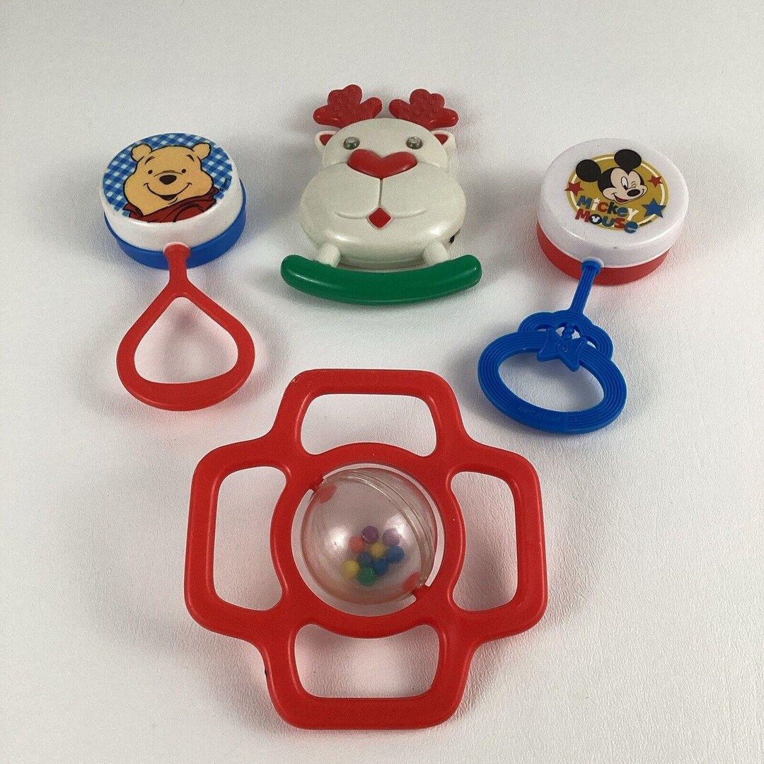 Vintage Baby Toy Rattle Lot Mickey Mouse Winnie Pooh Reindeer Gerber ...
