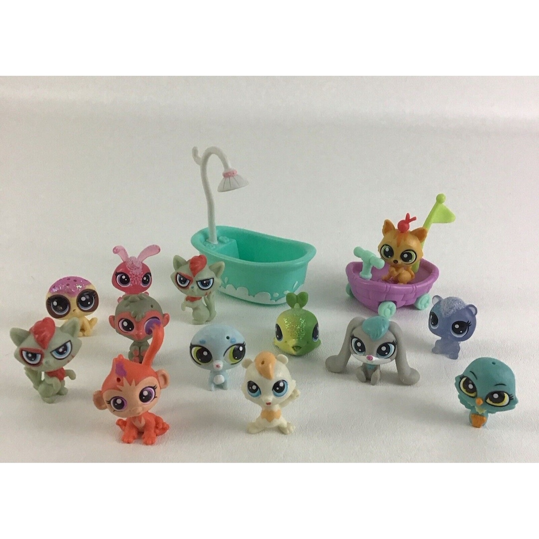 Littlest Pet Shop 13 Mini Figure Lot Wagon Shower Tub Monkey Cat Hasbro ...