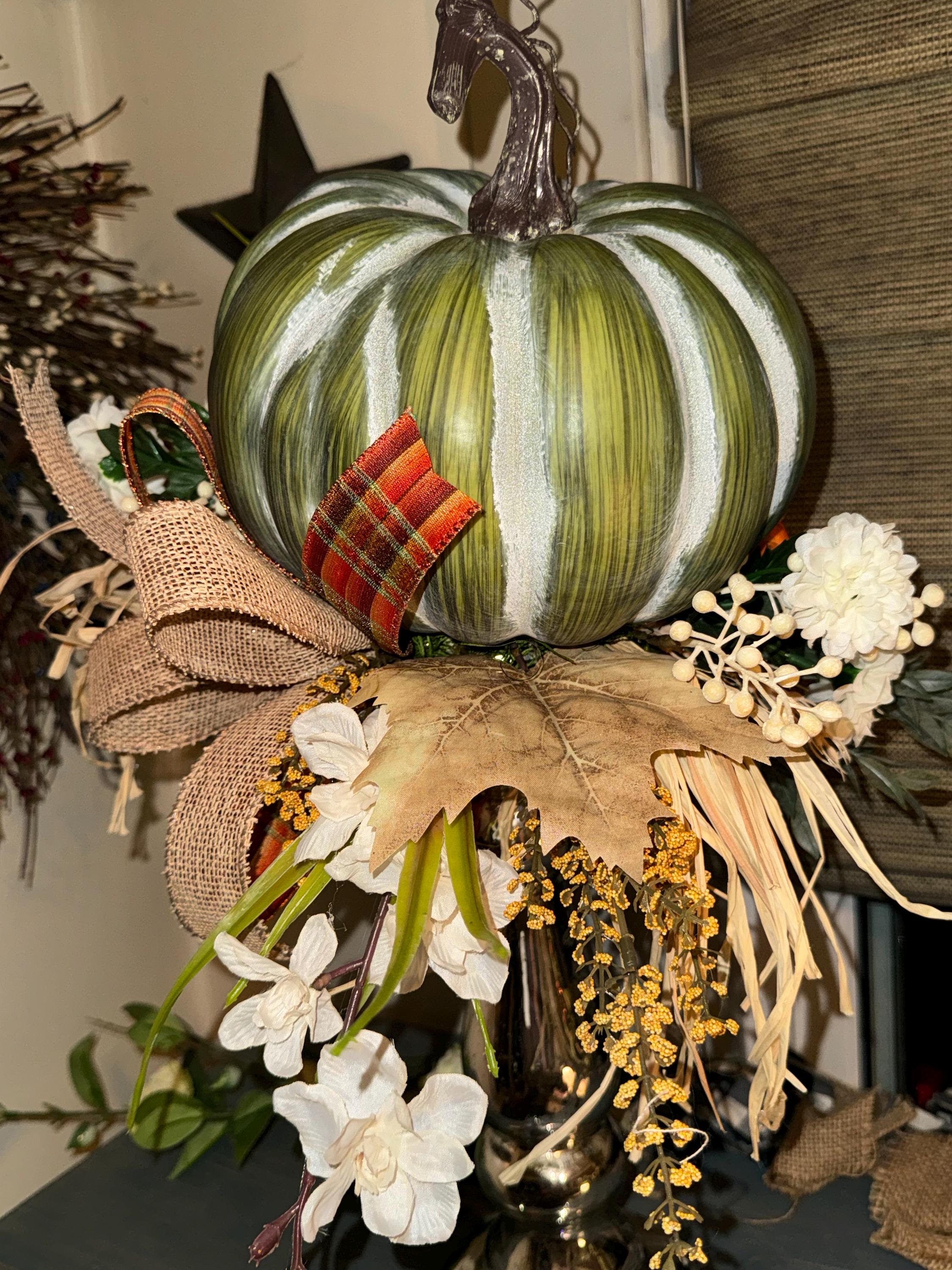 Rustic Fall Candlestick Pumpkin and Floral Arrangement, Autumn Table ...