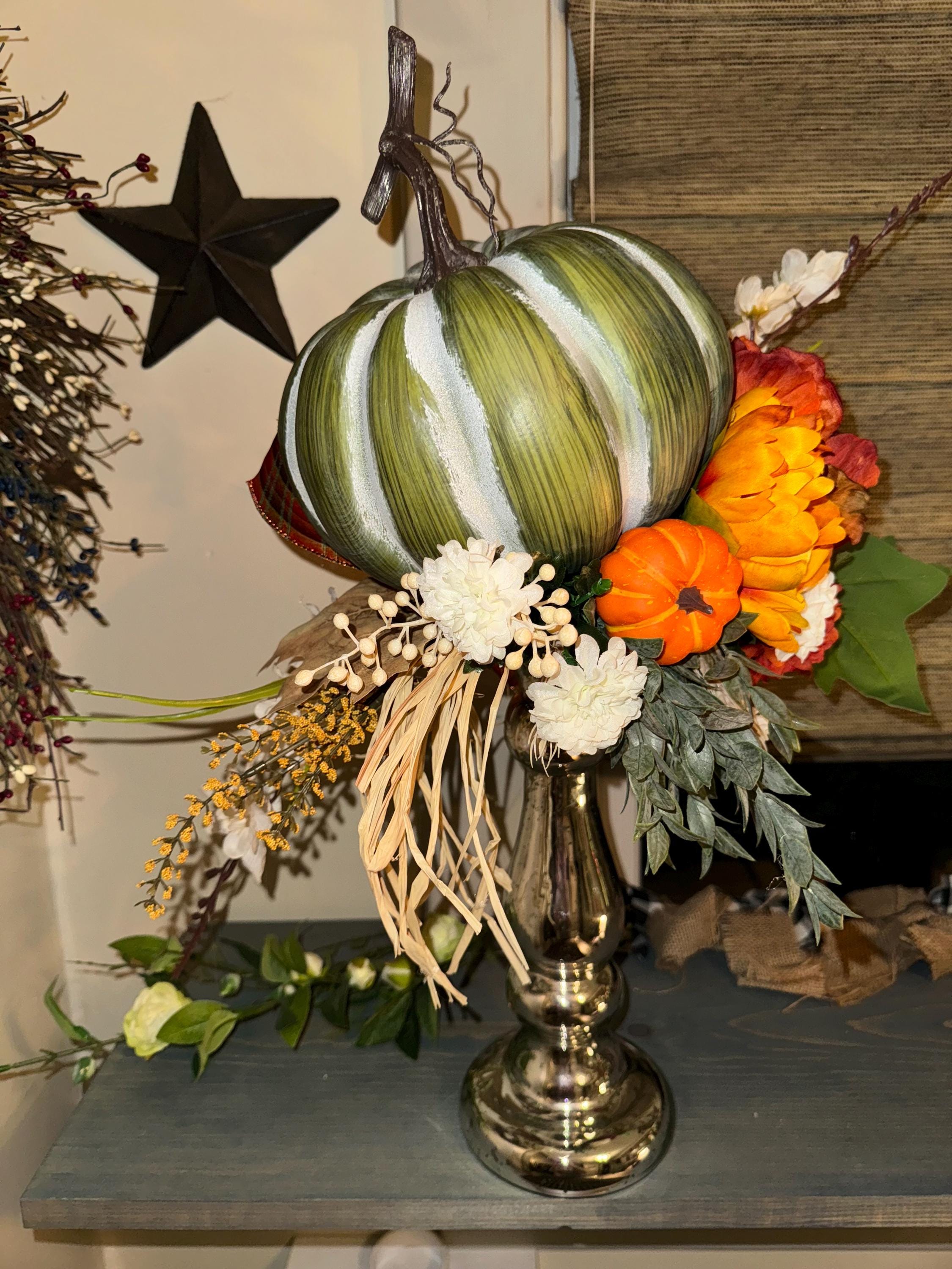 Rustic Fall Candlestick Pumpkin and Floral Arrangement, Autumn Table ...