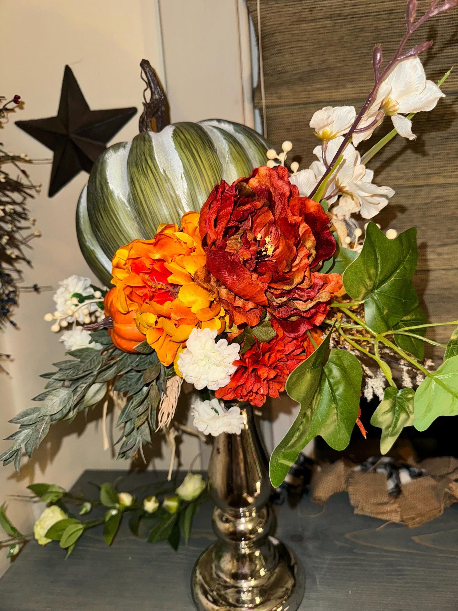 Rustic Fall Candlestick Pumpkin and Floral Arrangement, Autumn Table ...