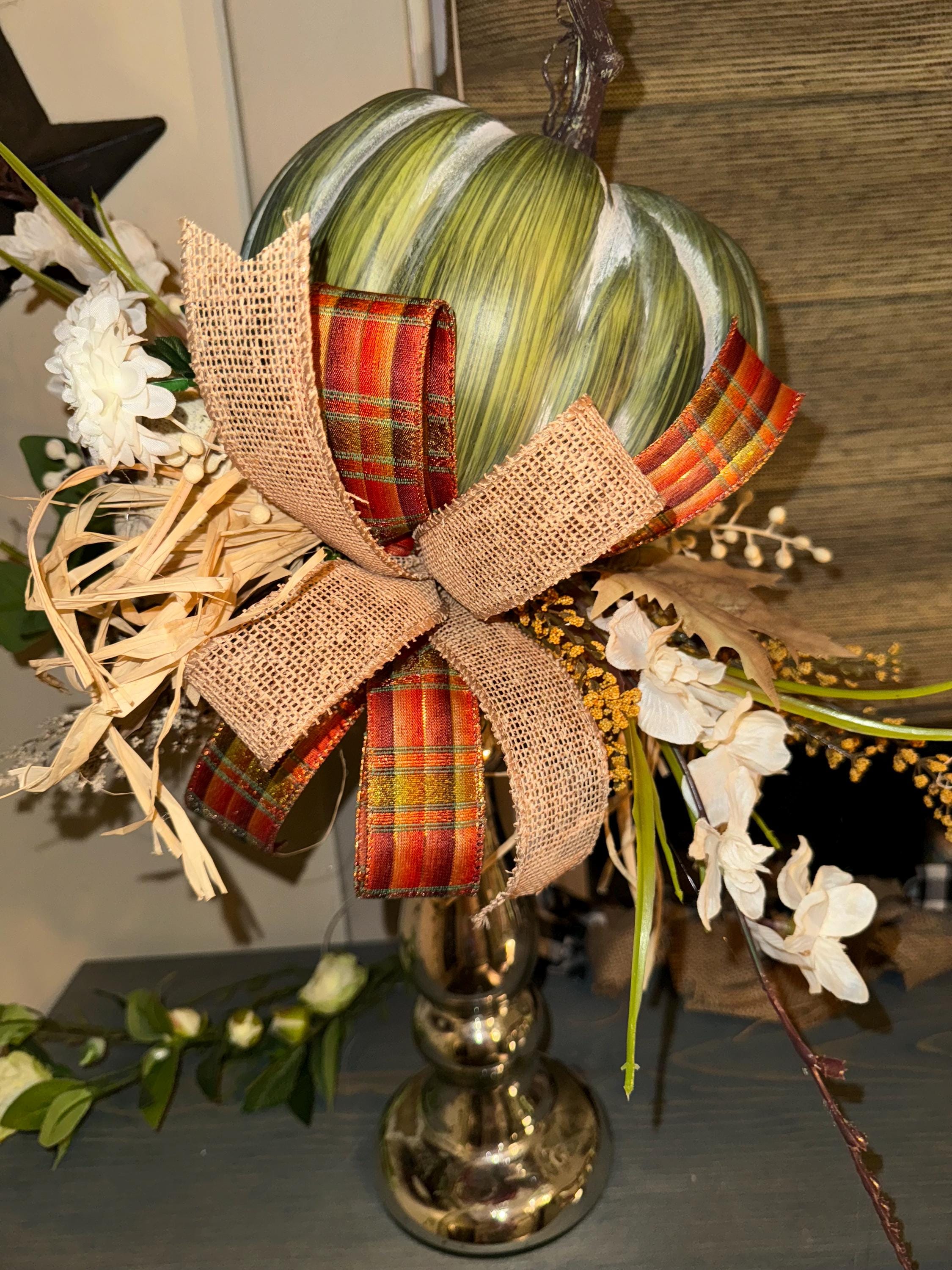 Rustic Fall Candlestick Pumpkin and Floral Arrangement, Autumn Table ...