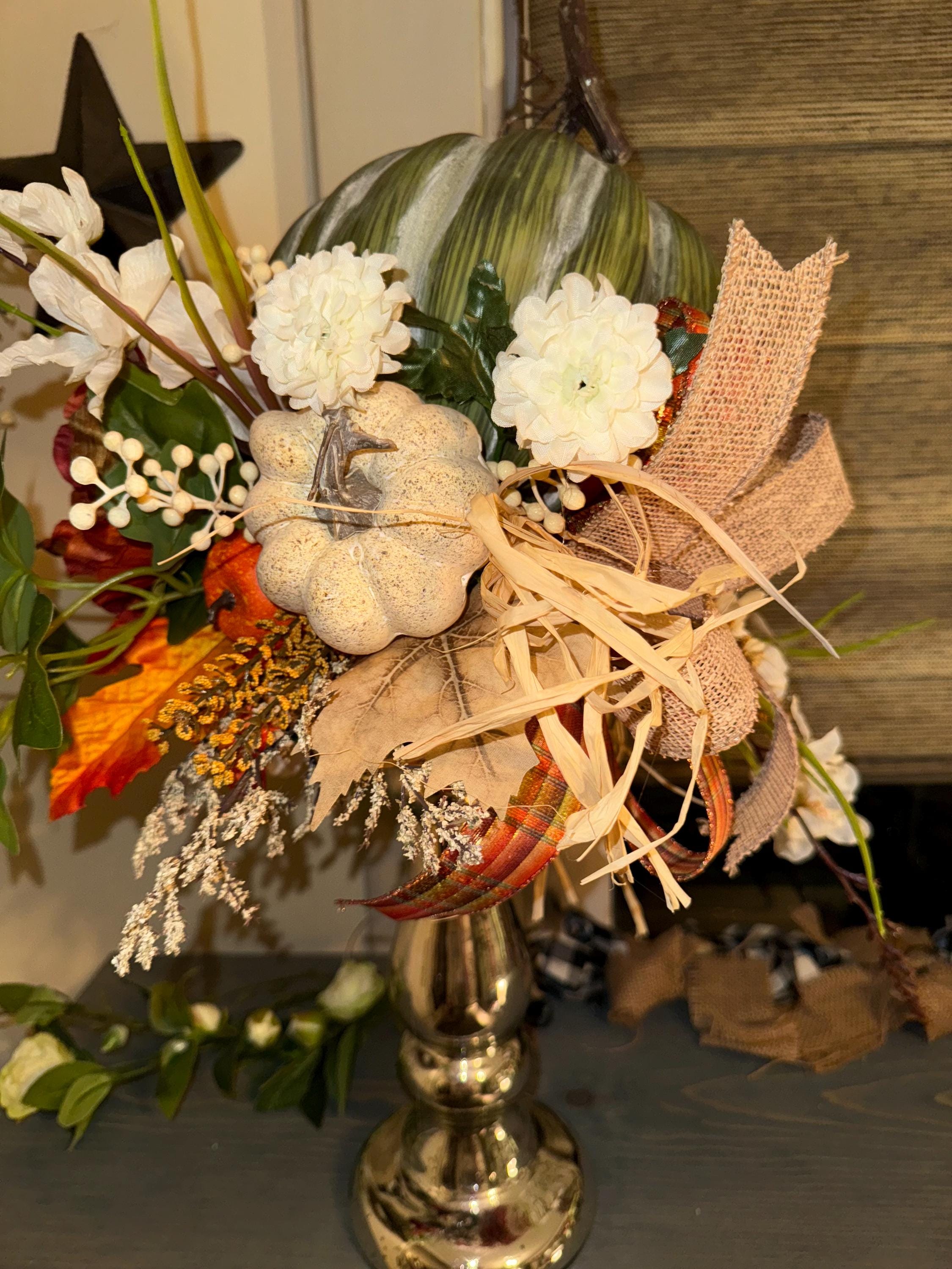 Rustic Fall Candlestick Pumpkin and Floral Arrangement, Autumn Table ...
