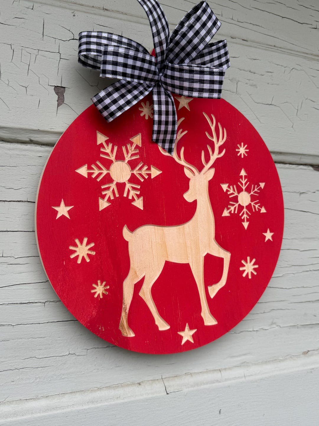 Engraved Reindeer Wood Ornament, Buffalo Plaid Bow, Farmhouse Christmas ...