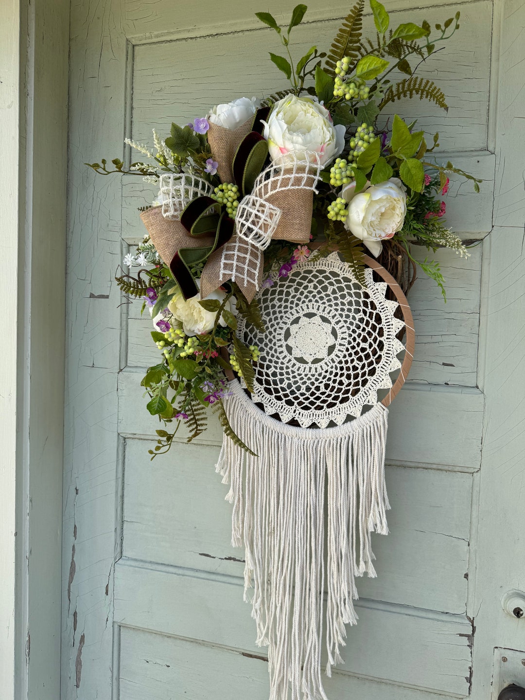 Farm House Wreath,dream Catcher Rustic Floral Wreath With Macrame Boho ...
