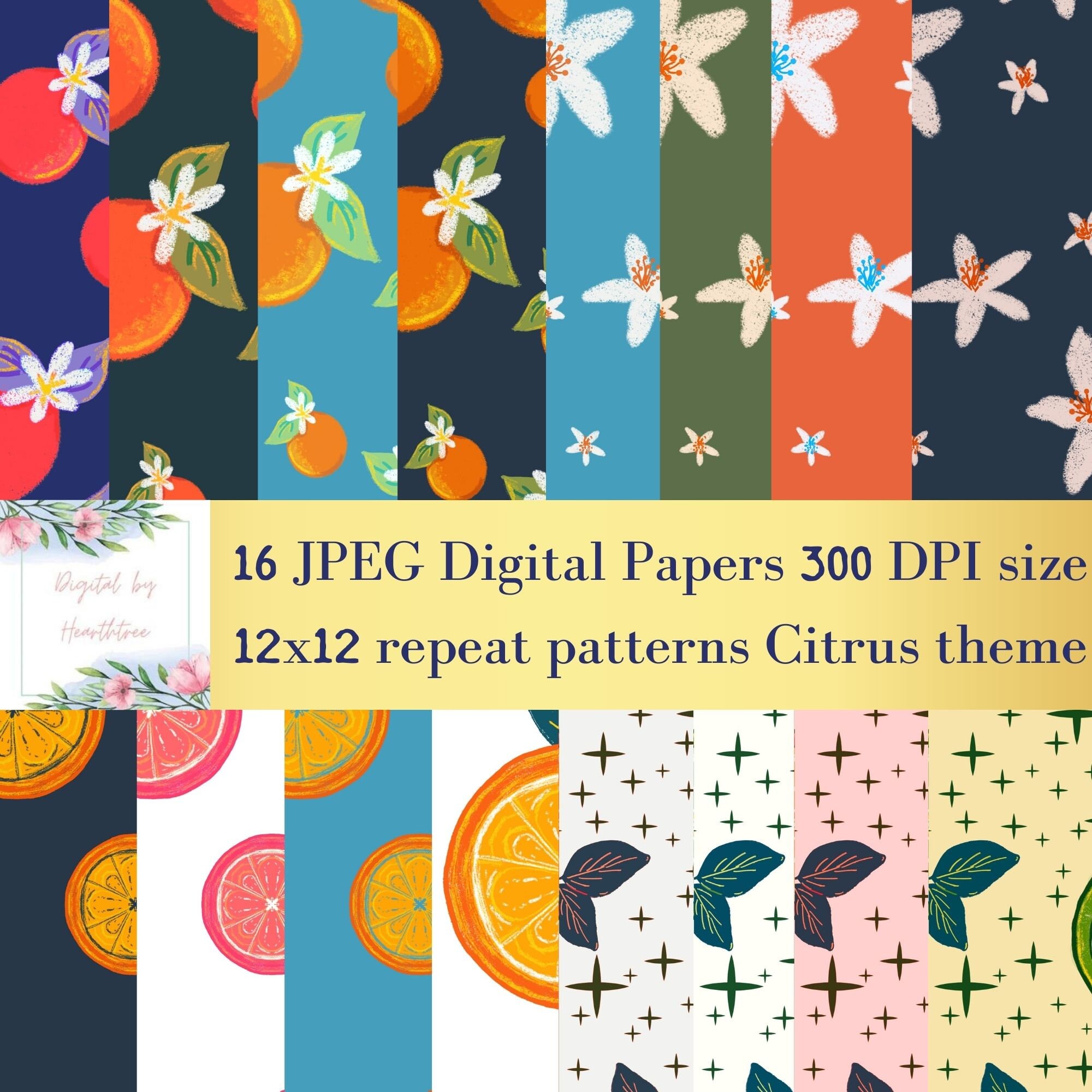 Orange Citrus Digital Paper Seamless Pattern Blossom Flower 16 Designs ...