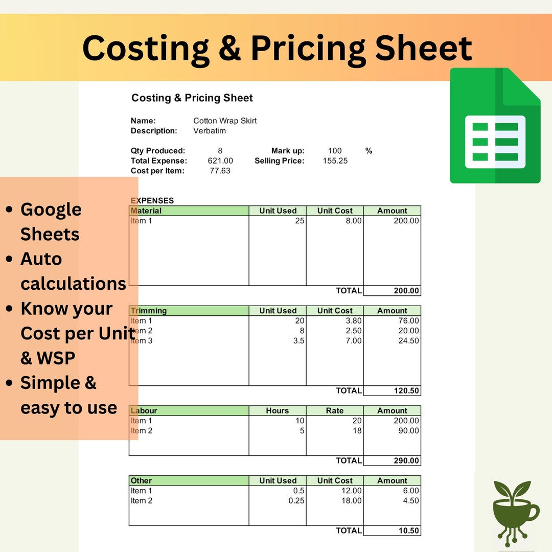 Google Sheets Costing & Pricing Template for Makers, Costing Sheet ...