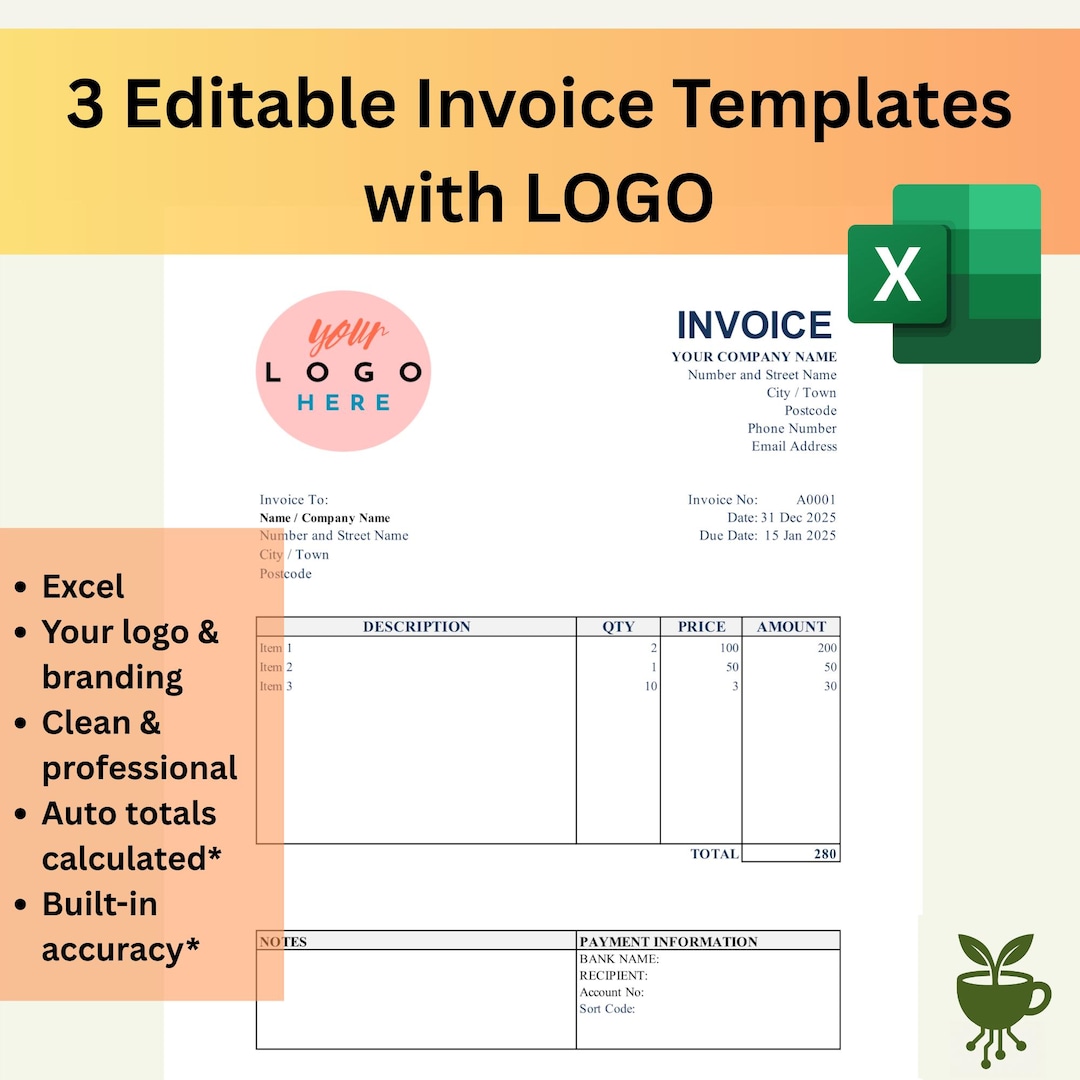 Excel Invoice Template With LOGO | 3 Editable Simple Invoices ...